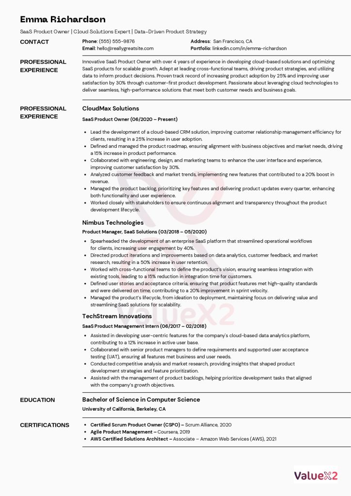 10 Best Product Owner Resume Examples in 2025 | ValueX2